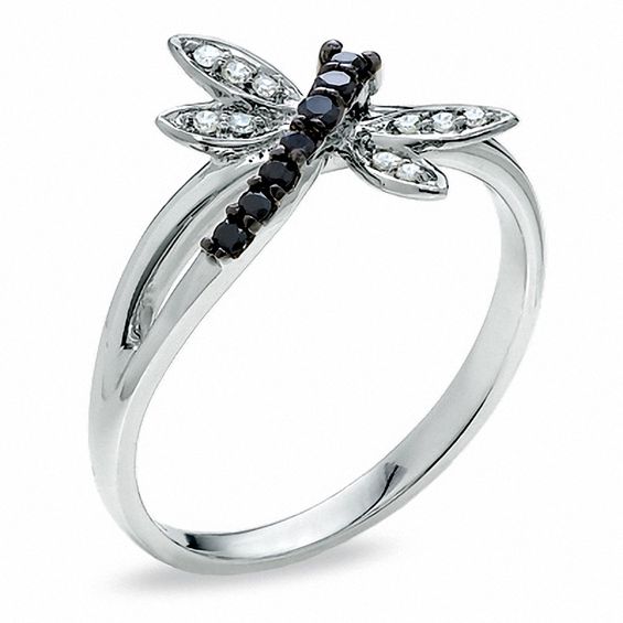 Enhanced Black and White Diamond Dragonfly Ring in 14K White Gold ...