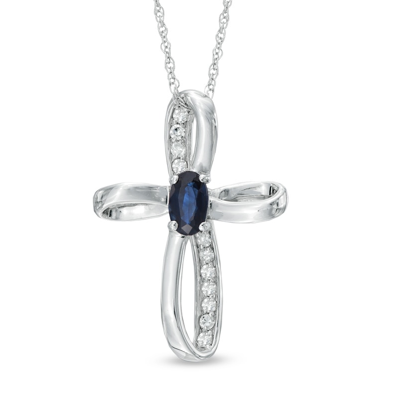 Oval Lab-Created Blue and White Sapphire Loop Cross Pendant in 10K ...