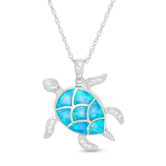 Lab-Created Blue Opal and White Sapphire Sea Turtle Pendant in Sterling ...