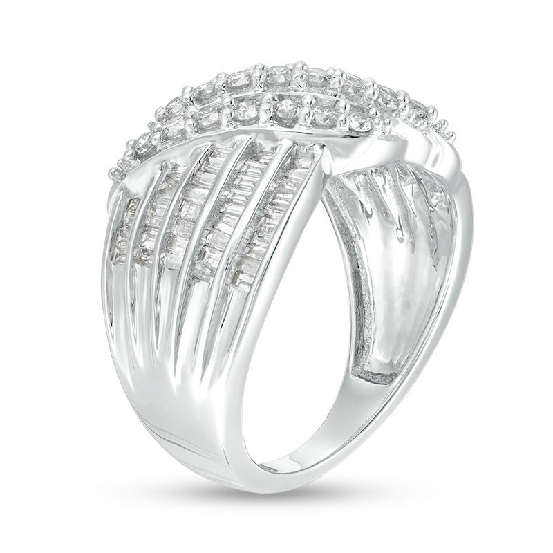 1 CT. T.W. Baguette and Round Diamond Multi-Row Wave Ring in 10K White ...