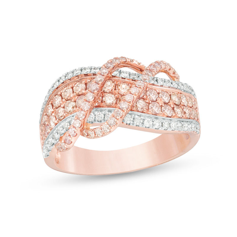 1 CT. T.W. Certified Pink and White Diamond Crossover Wave Ring in 14K Rose Gold (Fancy/I2 ...