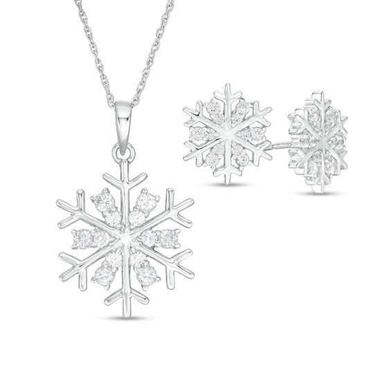Lab-Created White Sapphire Snowflake Pendant and Stud Earrings Set in ...