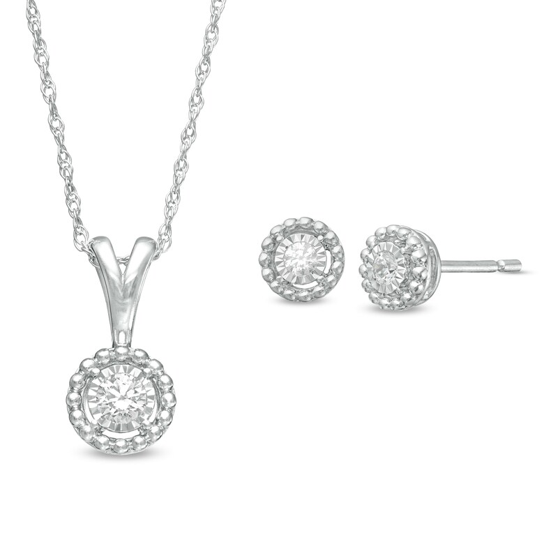 1/5 CT. T.W. Diamond Solitaire Bead Frame Pendant and Stud Earrings Set ...