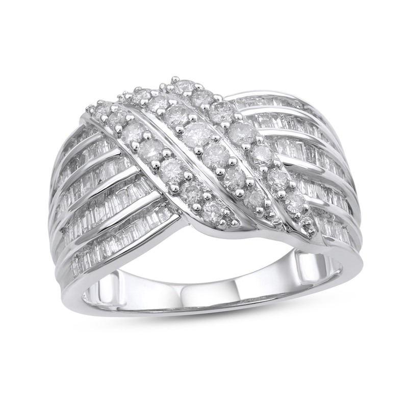1 CT. T.W. Baguette and Round Diamond Multi-Row Crossover Ring in 10K ...