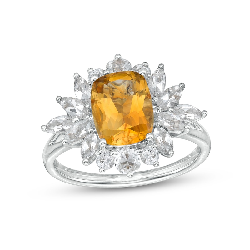 Cushion-Cut Orange Citrine and White Lab-Created Sapphire Sunburst Frame Ring in Sterling Silver ...