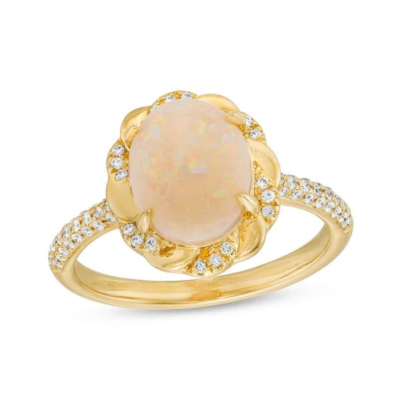 EFFY™ Collection Oval Opal and 1/8 CT. T.W. Diamond Frame Ring in 14K ...