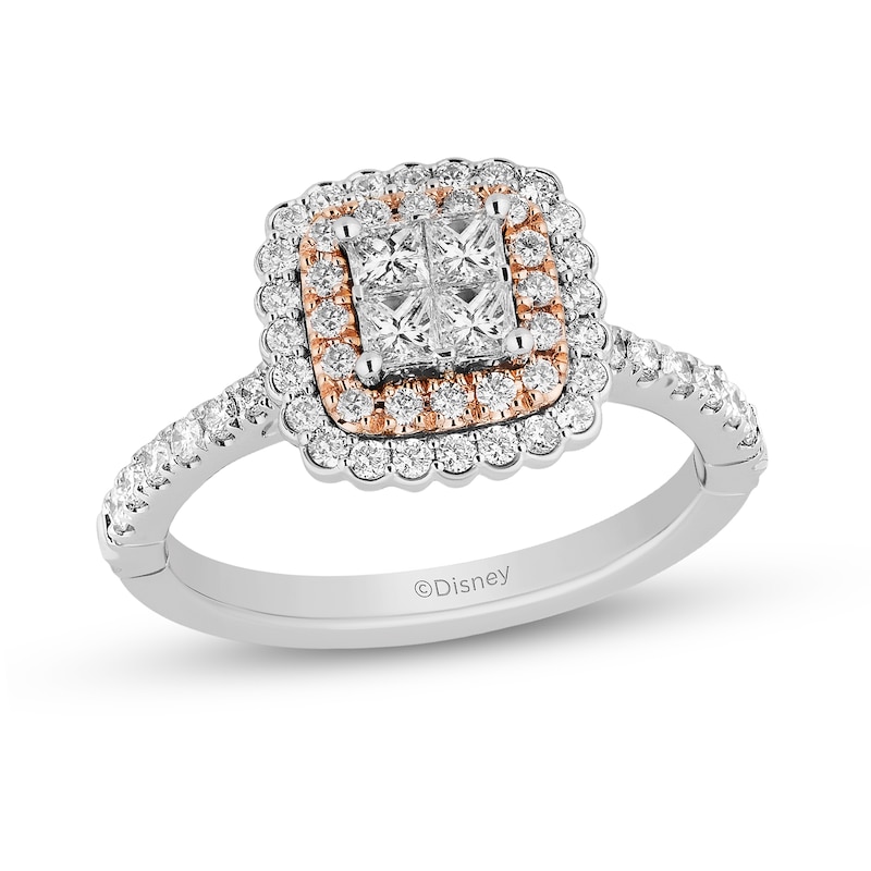 Enchanted Disney Belle 1 CT. T.W. Quad Princess-Cut Diamond Scallop Frame Engagement Ring in 14K ...
