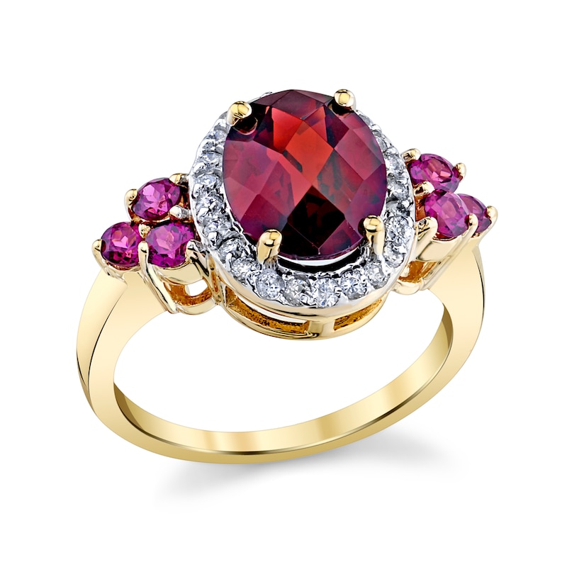 Oval Garnet, Rhodolite Garnet and 1/4 CT. T.W. Diamond Frame Tri-Sides ...