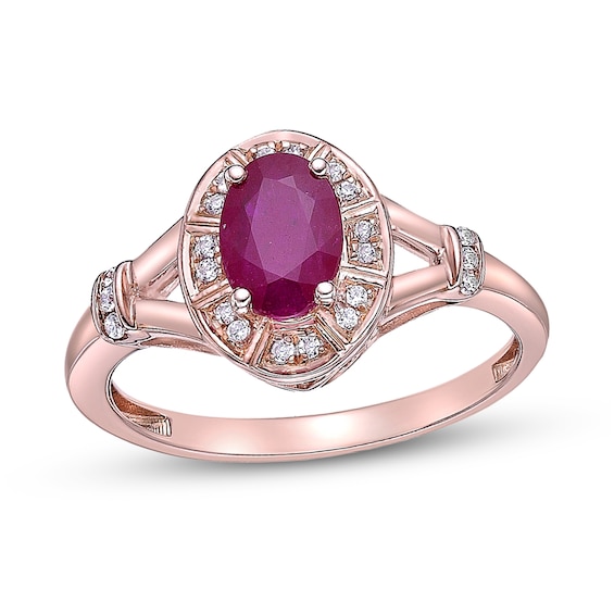 Oval Ruby and 1/10 CT. T.W. Diamond Duo Station Frame Collar Split Shank Ring in 10K Rose Gold ...