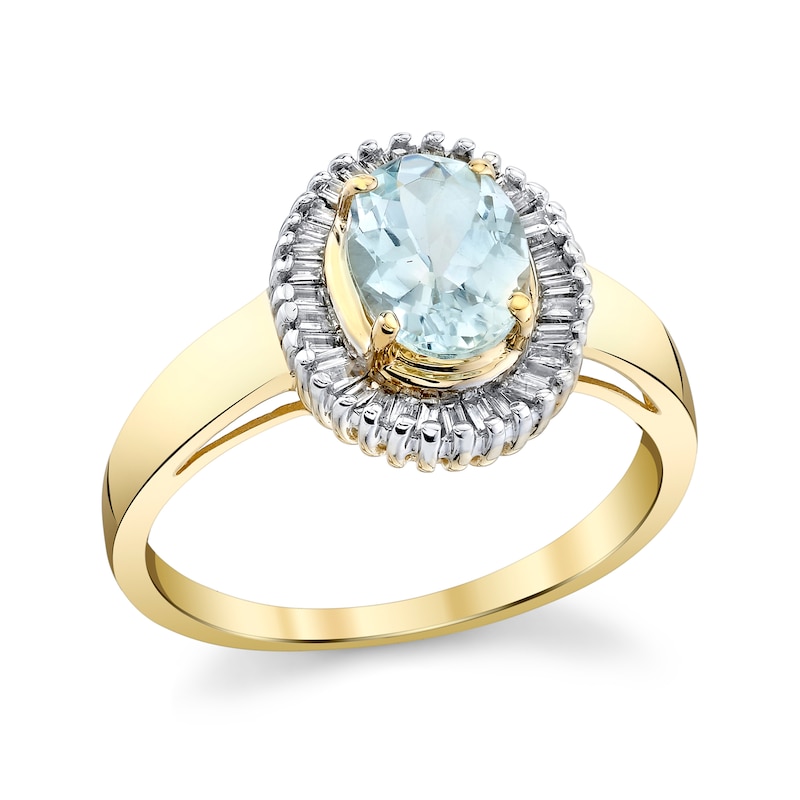 Oval Aquamarine and 1/6 CT. T.W. Baguette Diamond Frame Ring in 14K ...