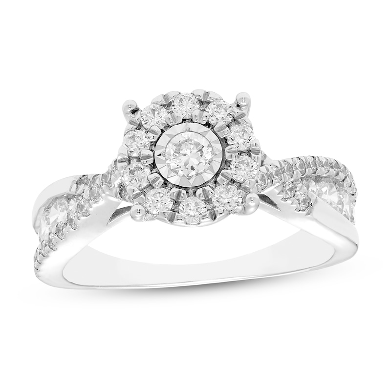 7/8 CT. T.W. Diamond Frame Criss-Cross Engagement Ring in 10K White ...