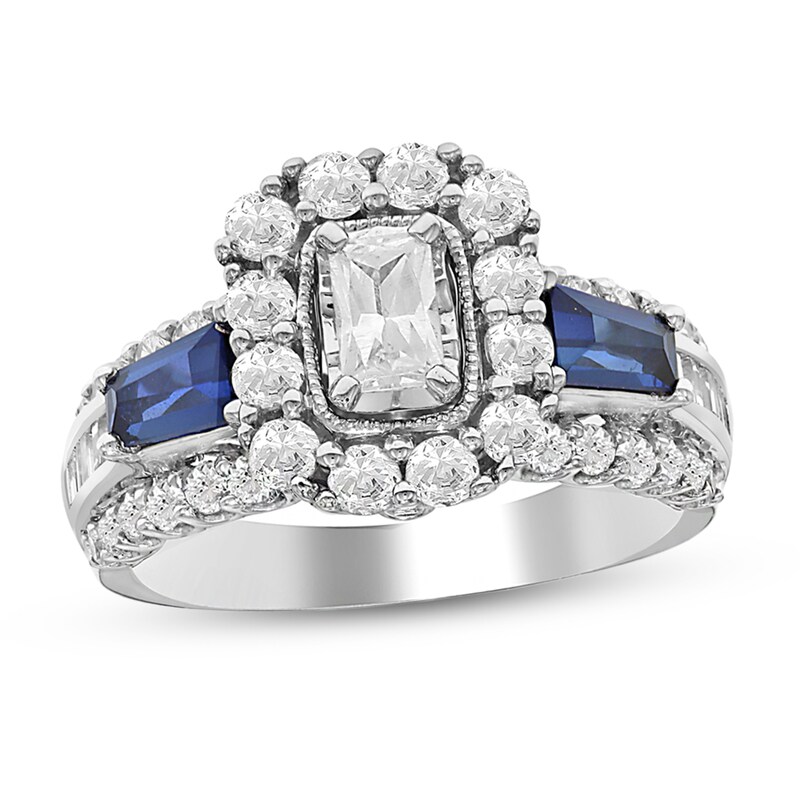 1-3/8 CT. T.W. Diamond and Blue Sapphire Framed Engagement Ring in 14K ...