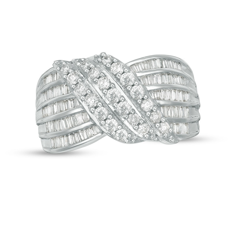 Previously Owned - 1 CT. T.W. Baguette and Round Diamond Multi-Row Wave ...